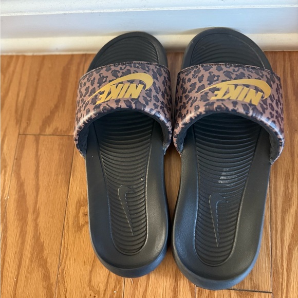 Nike | Shoes | Nike Leopard Print Slides With Gold Logo | Poshmark